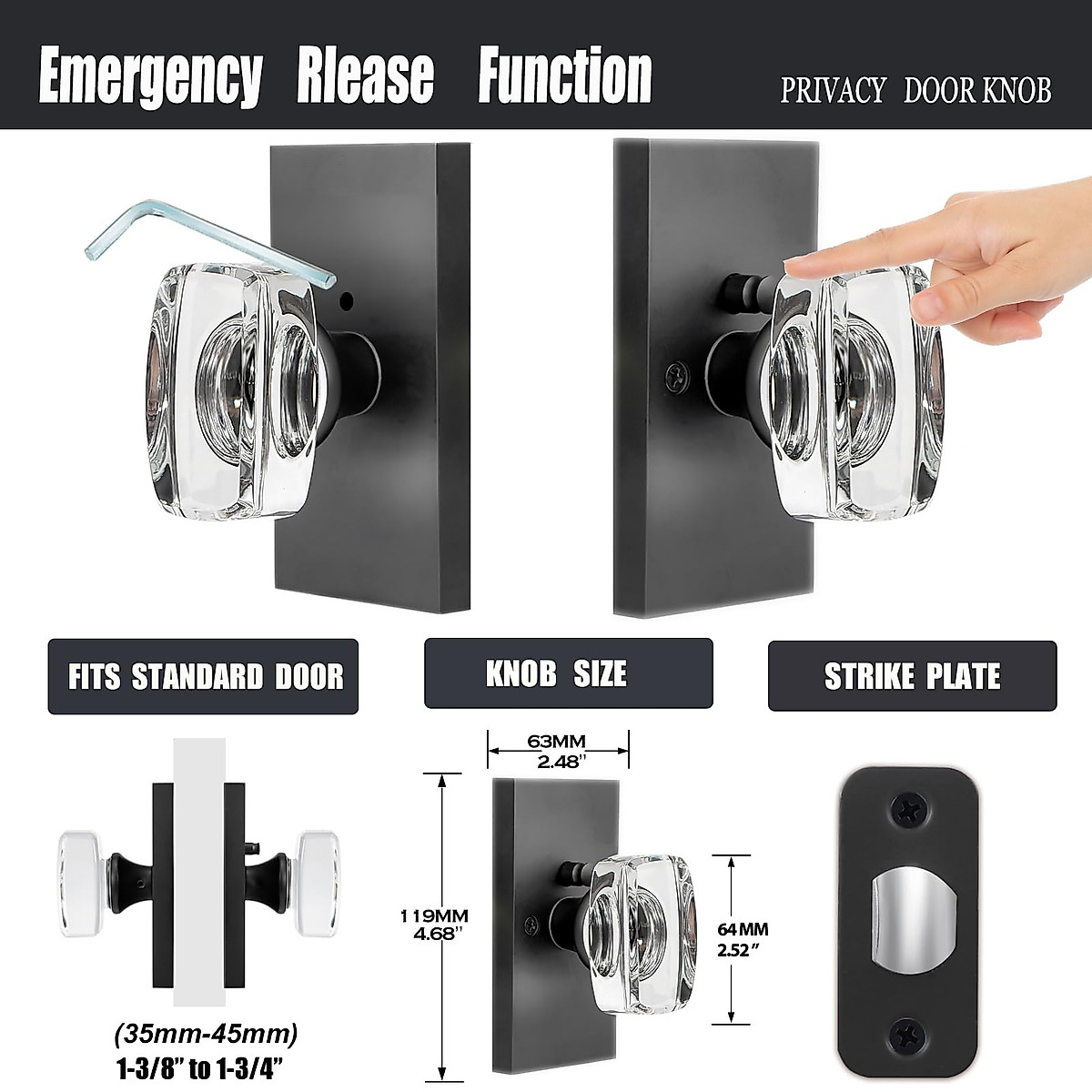 HIEMEY Glass Door Knobs Interior with Lock, Crystal Modern Privacy Door Knob for Bedroom Bathroom, Matte Black