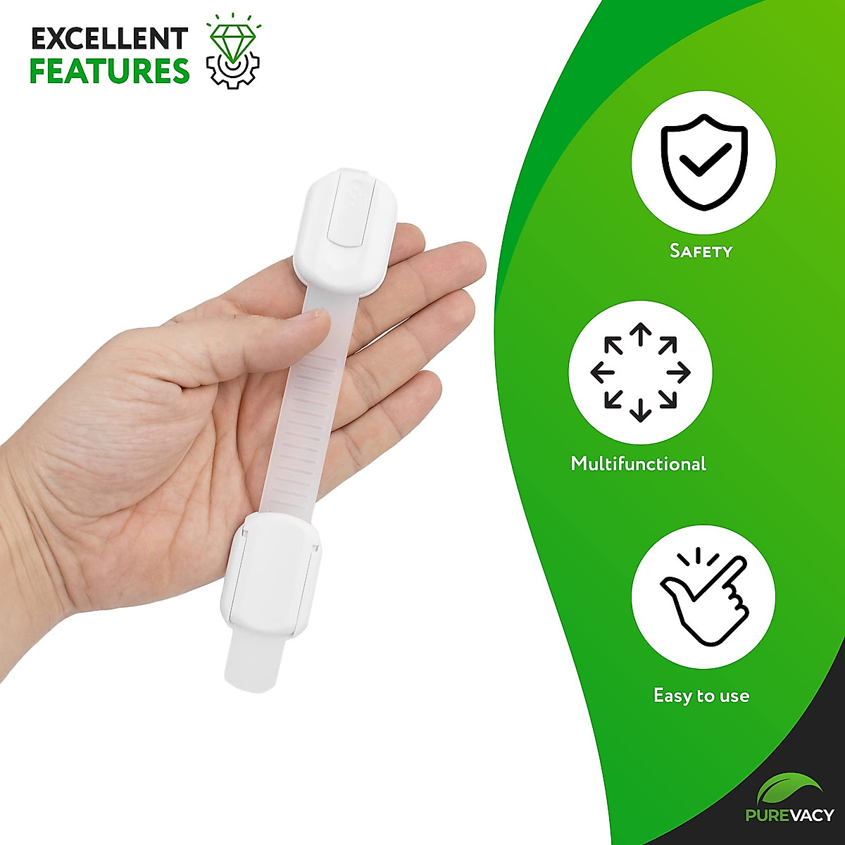 PUREVACY 6 Pack Child Safety Strap Locks. Child Locks for Cabinets No Drilling. Sticky Child Safety Drawer Locks Baby Proofing. Refrigerator Strap Lock for Kitchen