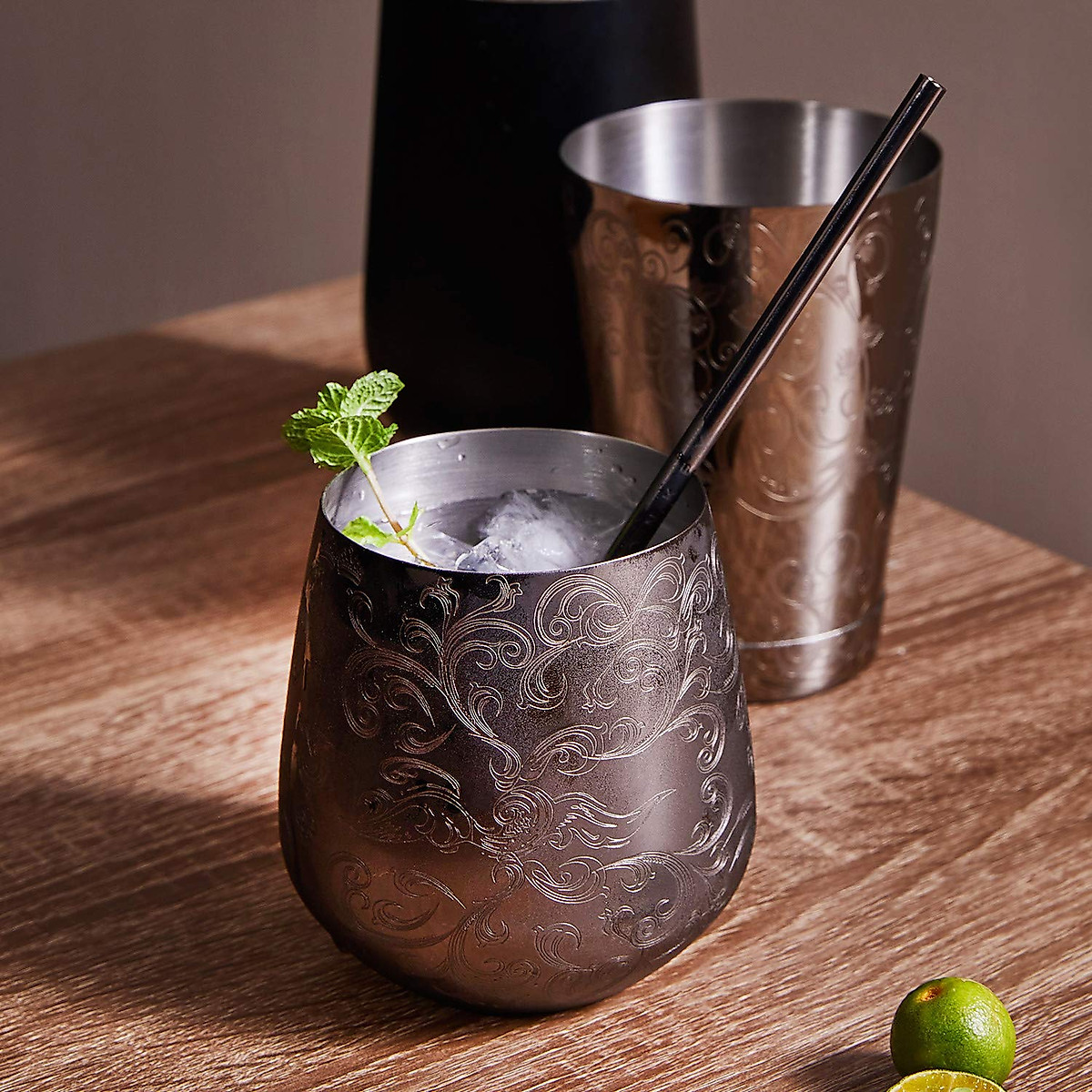 Sky Fish Stemless Stainless Steel Etching Wine Glasses,18 oz Black Plated,Set Of 4