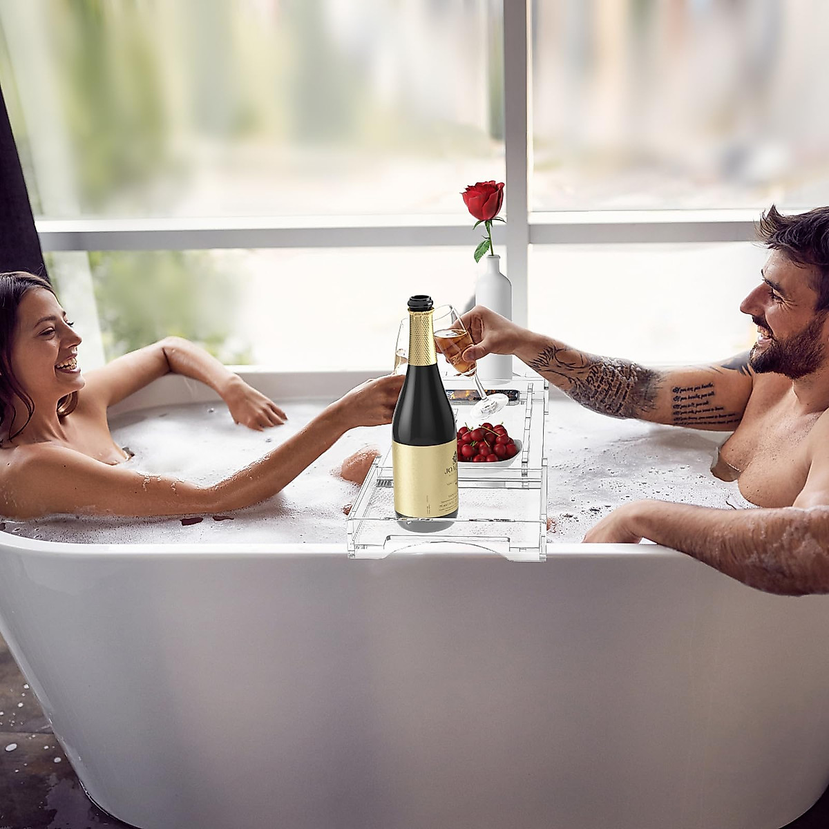 WINFFOR Acrylic Bathtub Tray Expandable Bath Tub Caddy, 32'' Bath Tray for Bathtub Adjustable Caddy Tray with Extending Sides (Clear)