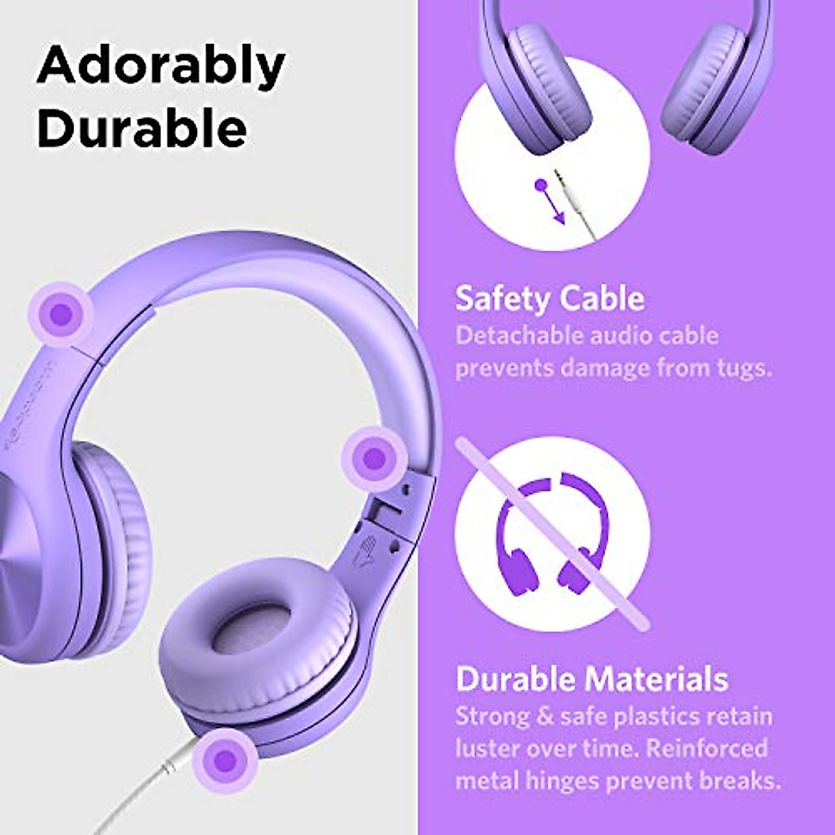 LilGadgets Connect+ Pro Kids Headphones Wired - Designed with Kids' Comfort in Mind, Foldable Over-Ear Headset with in-line Microphone, Toddler Headphones for Kids, Purple