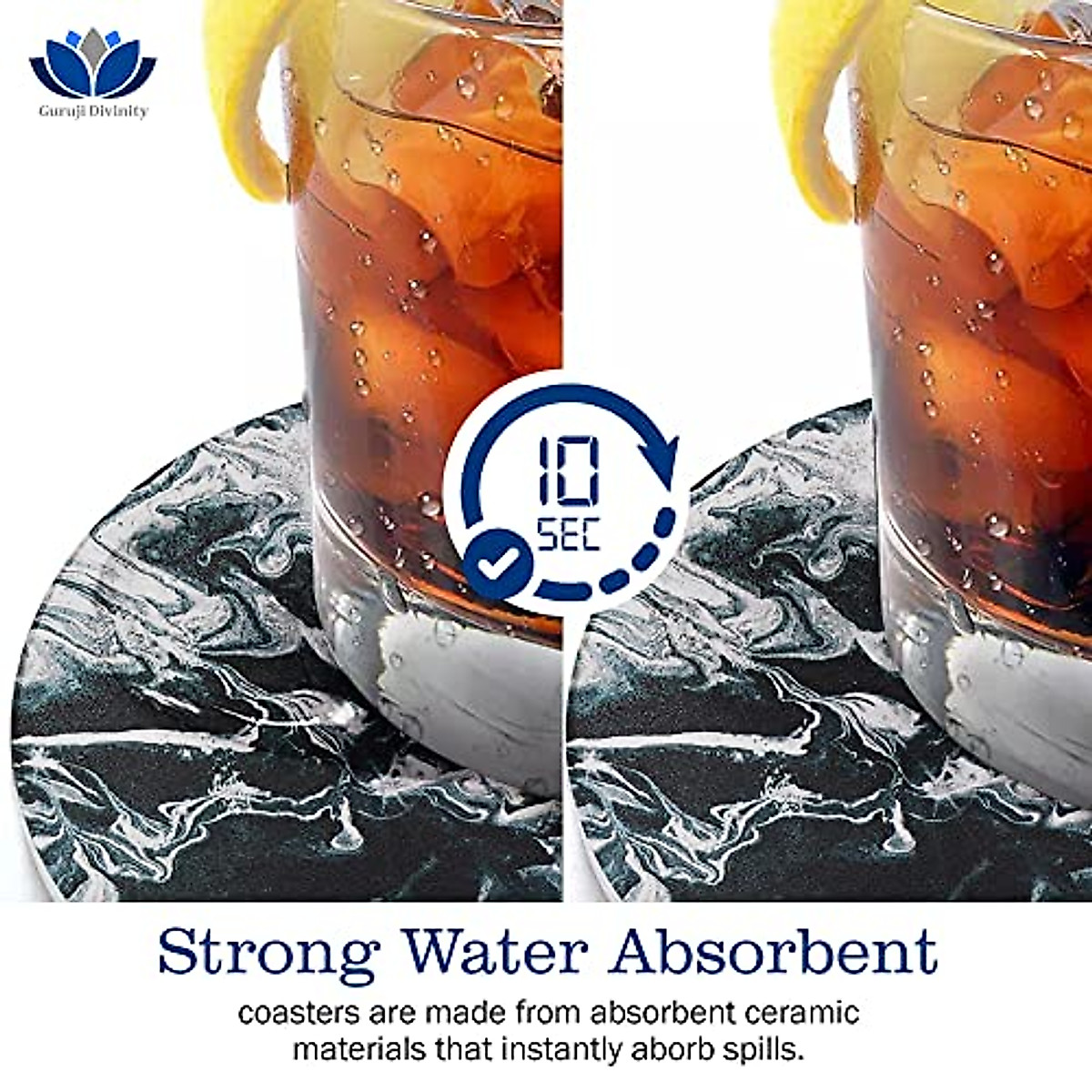 Coasters for Drinks, Round Absorbent Ceramic Stone Coasters Set of 6 with Cork Base, Funny Drink Coasters with Holder for Cold Drinks Wine Mugs and Cups Tabletop Protection, 4 Inches (Black)