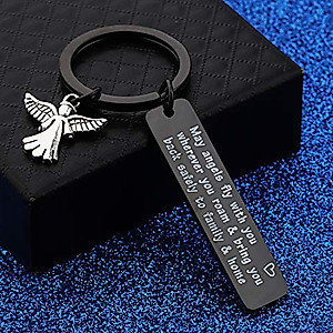 WUSUANED Traveller Keychain Gift May Angels Fly With You Wherever You Roam Bring You Back Safely To Family And Home (angels fly with you keychain black)