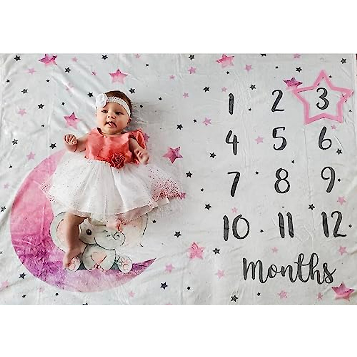 Elephant Baby Milestone Blanket Headband, Month Marker, Newborn Photography Background Mat Photo Prop, Calendar Growth Tracker Chart, I Love You to The Moon and Back Stars Nursery (Pink, Minky 50x40)