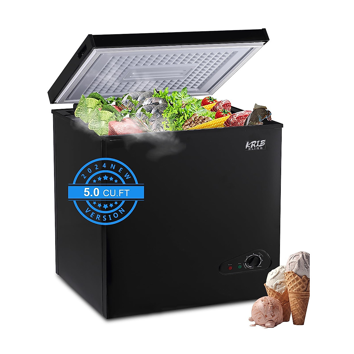 Chest Freezer KRIB BLING 5.0 cu.ft Mini Adjustable 7 Thermostat Compact Deep Freezer Top Door Low Noise with Removable Basket Black