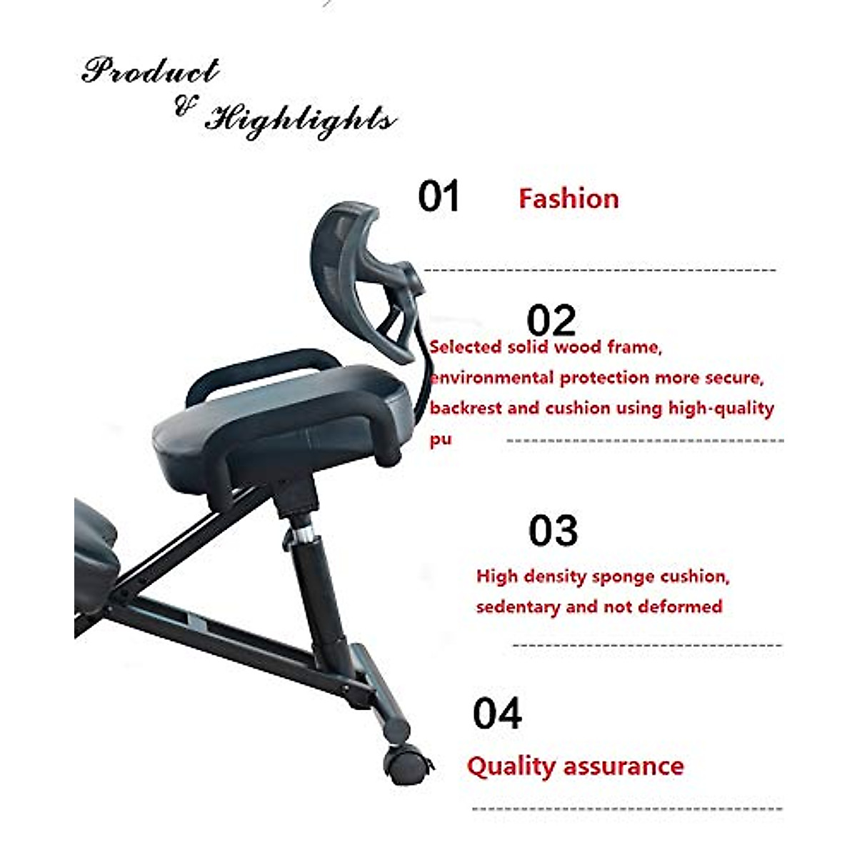 Mobile Kneeling Posture Chair Ergonomic Kneeling Chair Office with Orthopedic Back Pain Seat Adjustable Stool Thick Comfortable Cushions PU Black