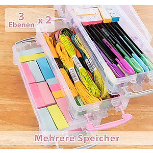 Anstore Storage Bins with Lids, 2 x 3 Tier Stackable Clear Plastic Storage Bins, Storage Container with Handle for Home, Office Supplies and Craft organization and Storage(Pink&Grey)