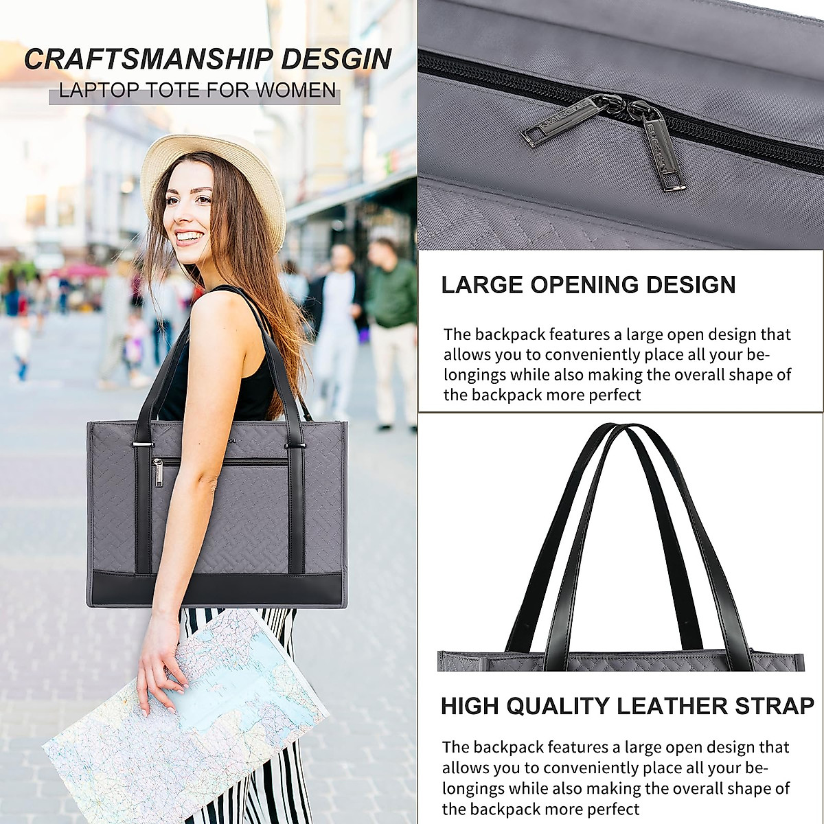 EMPSIGN Laptop Tote bag for women 16 Inch, Stylish Computer Shoulder Tote Bag for Work, Large Capacity Quilted Laptop Briefcase, Waterproof Women Business Office Bag, Quilted Grey