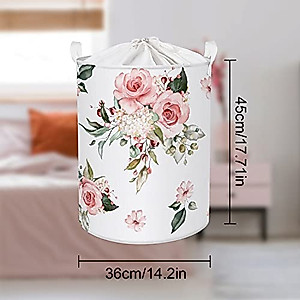 Clastyle 45L Pink Large Flowers Collapsible Laundry Basket with Drawstring Spring Summer Blooming Plant Pattern Laundry Hamper Bedroom Bathroom Waterproof Storage Basket with Handle, 14 * 17.7 in