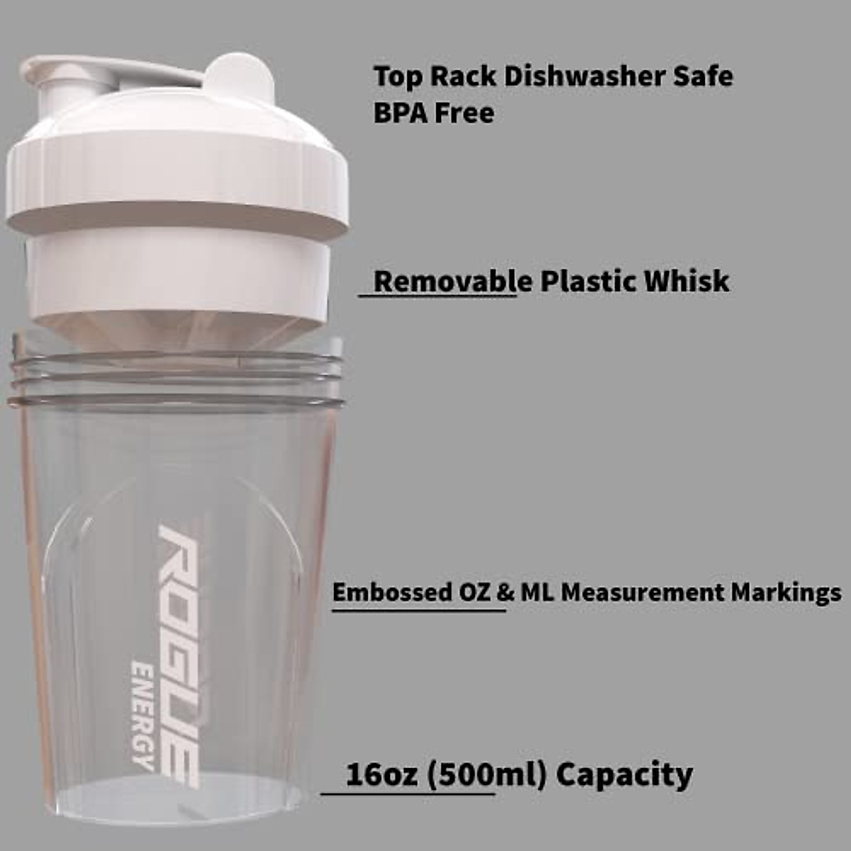 Rogue Energy Shaker Bottle | 16-Ounce, 500ml, BPA Free, Dishwasher Safe, Clear and White (Showcase Edition)