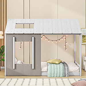 Harper & Bright Designs Twin Size House Bed, Wood Cabin Bed Frame with Roof and Window, Floor Bed for Kids Toddler Girls Boys (Antique Grey+Antique)