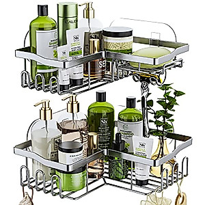 HapiRm Corner Shower Caddy with Shampoo Holder, Shower Organizer Shower Storage Shelf with 11 Hooks, No Drilling Rust Proof Stainless Steel Shower Basket Shelves-Silver (Only for 90 ° Right Angle)