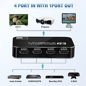 FERRISA 4K 60Hz 4x1 HDMI Switch, 4 Port Auto HDMI Switch Box with IR Remote,Support HDCP 2.2 4Kx2K 3D 1080P,4 in 1 Out HDMI Switch Switcher Selector for Xbox360/PS3/Roku/to TV Projector