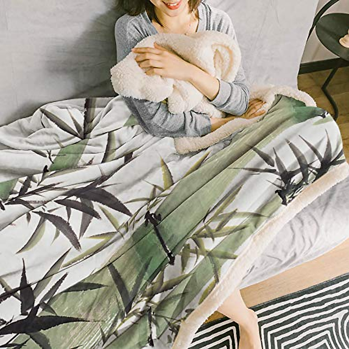 Sherpa Fleece Throw Blanket Washable Warm Couch Throws Asian Bamboo Soft Fuzzy Plush Blankets Comfy for Home Bed Sofa Dorm Spring Natural Plant Plum Blossom Ink 39x49 Inches