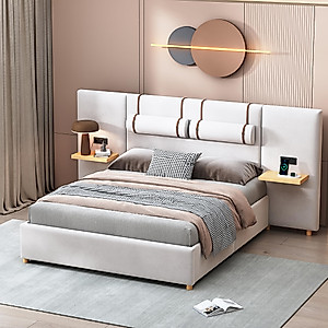 Merax Queen Size Upholstered Platform Bed, Modern Bedframe with Two Outlets and USB Charging Ports on Both Sides, Two Bedside Pillows, Storage Shelves, Beige
