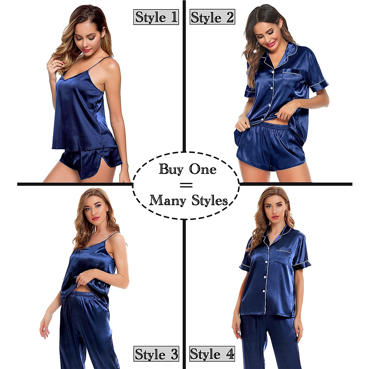 SWOMOG Womens Silk Satin Pajamas Sets 4pcs Sleepwear Sexy Cami Shorts Set and Button Down Short Sleeve Pjs Loungewear Navy Blue Medium