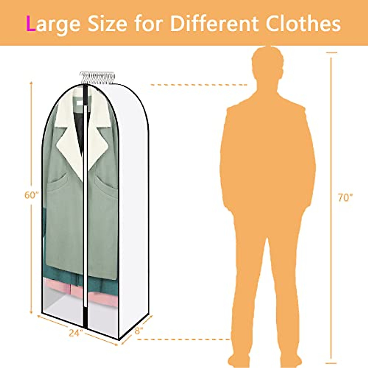 fitermoe 60" Garment Bags For Hanging Clothes, 8" Gusseted Garment Bags For Travel, Clear Suit Bags For Closet Storage Overcoat, Long Dress, Gowns, 3-Pack