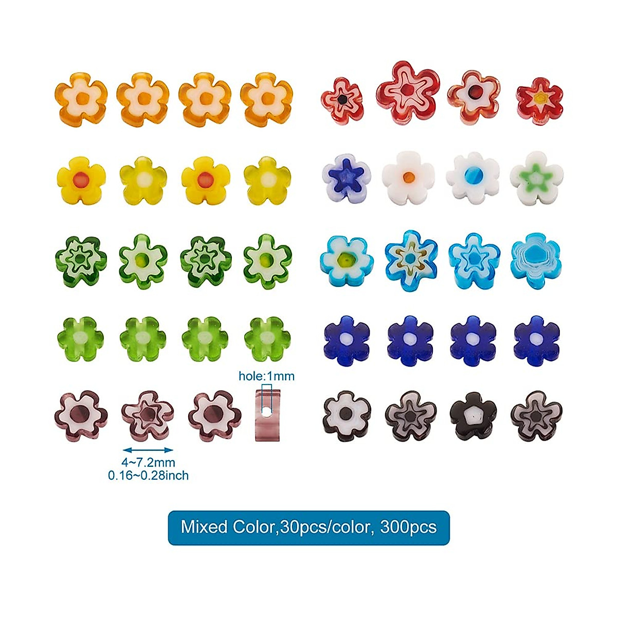 Cheriswelry 300Pcs Millefiori Lampwork Glass Beads Flat Flower Glass Beads Millefiori Loose Spacer Beads 4-7.2mm for DIY Necklace Bracelet Earring Jewelry Making Handmade Crafts