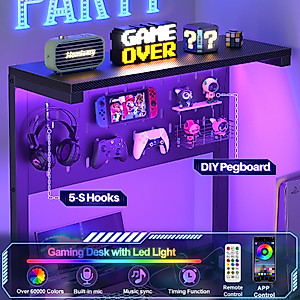 Homieasy Gaming Desk with Power Outlets & Pegboard & Led Light, 43 Inch Computer Desk with Reversible Storage Shelves & Side Storage Bag, PC Gamer Desk with Hutch & Monitor Stand, Carbon Fiber Black