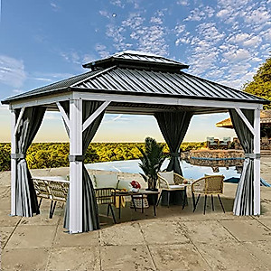 YITAHOME White Gazebo 10x12ft Hardtop Double Roof Canopy Galvanized Iron Aluminum Frame Outdoor Gazebo with Netting and Shaded Curtains Garden Tent for Patio, Backyard, Deck and Lawns, Grey Curtain