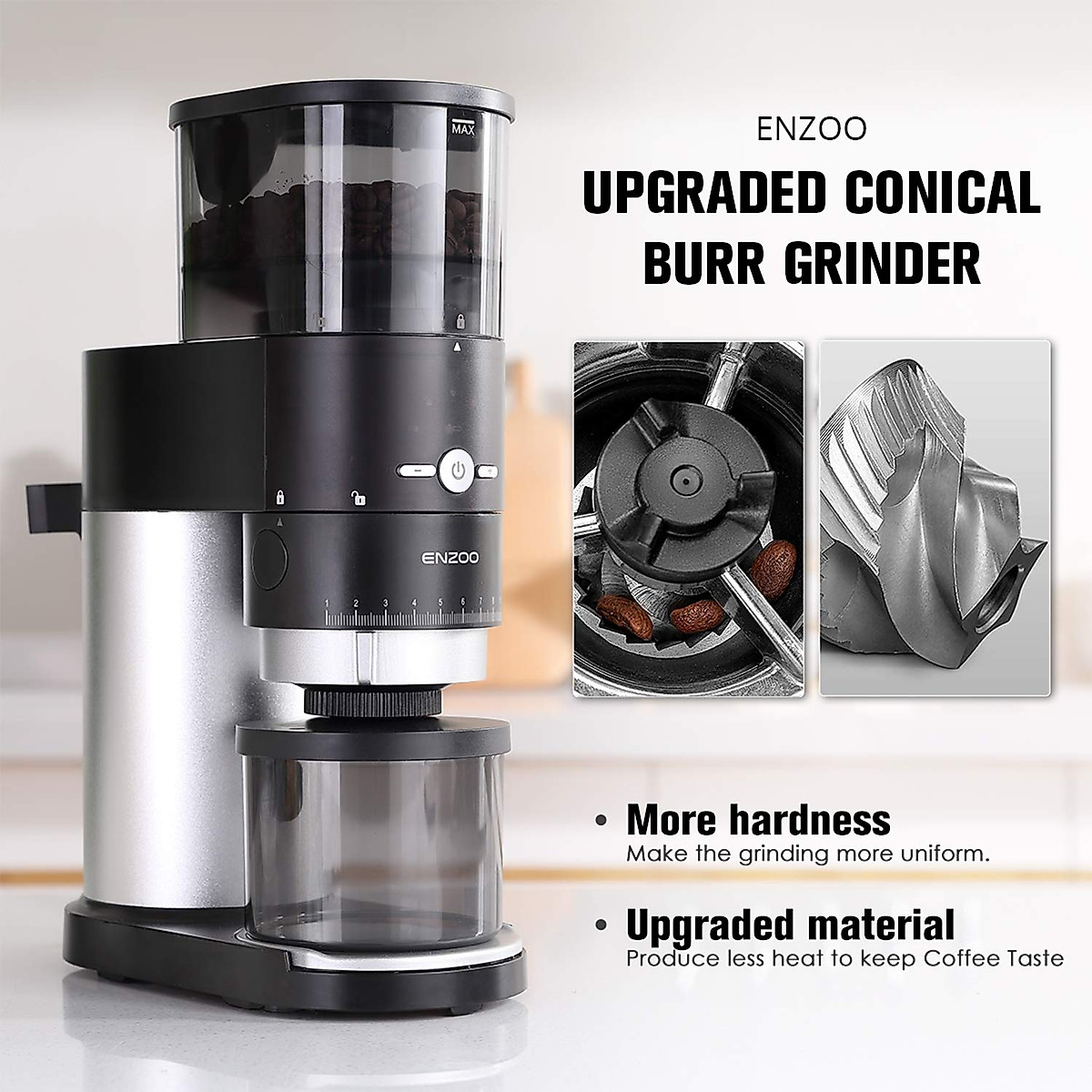 Conical Burr Coffee Grinder, ENZOO Electric Coffee Bean Grinder with Detachable Design for Easy Cleaning, 40 Precise Grind Setting for Espresso, Drip Coffee, French Press and Percolator Coffee