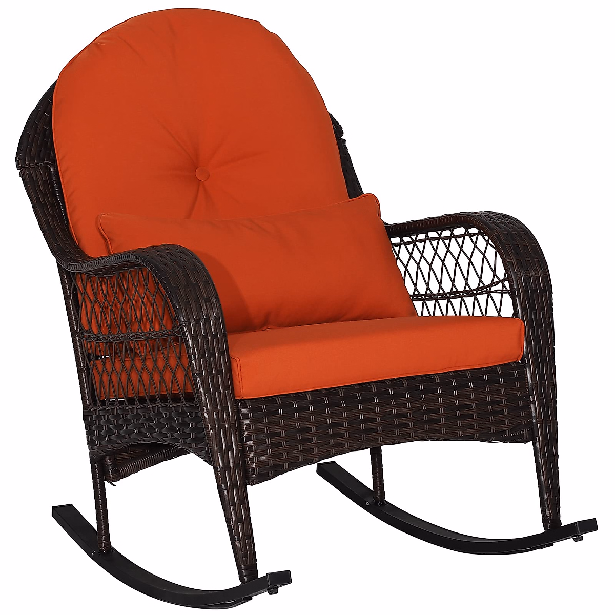Tangkula Outdoor Wicker Rocking Chair, Patio Rattan Rocker with Seat Back Cushions & Waist Pillow, Sturdy Metal Frame, Mix Brown Outdoor Rocker for Balcony, Porch, Backyard (1, Orange)