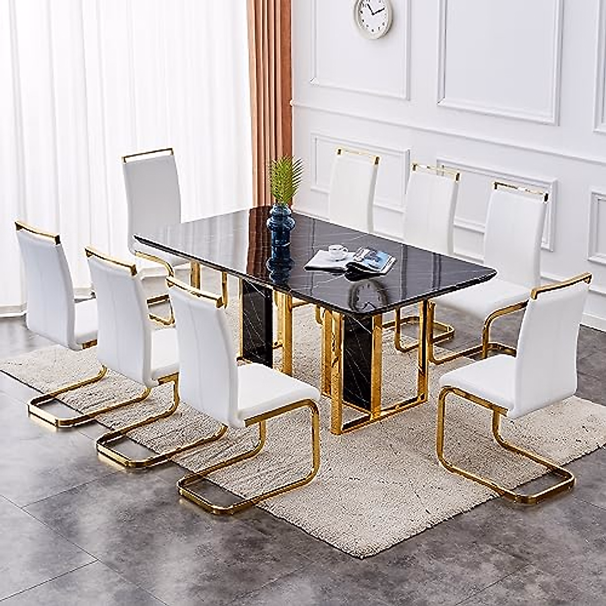 Goderfuu Black Marble Dining Table for 8 People - 71 inch Modern Kitchen Dining Room Table with Gold Base, Faux Marble Dining Table Pedestal Table Dinner Table, Large Marble Table for Dining Room