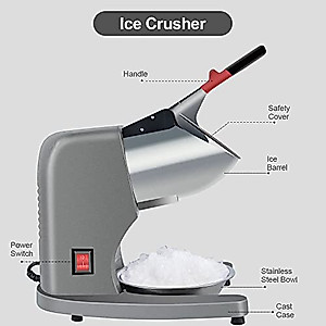 Electric Shaved Ice Machine 11 Inch Height 380W Three Blade Ice Crusher Snow Cone Maker Machines 220lbs/hr for Home and Commercial Use (Silver)