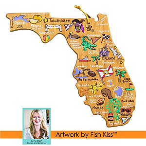 Totally Bamboo Florida State Shaped Cutting Board and Charcuterie Serving Platter with Artwork by Fish Kiss, Includes Hang Tie for Wall Display