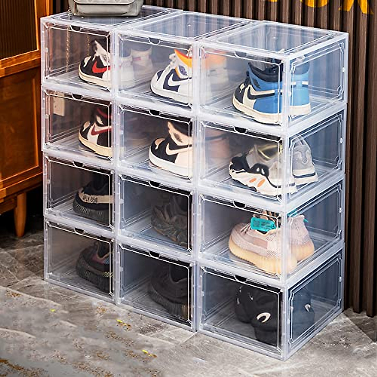 Shoe Storage Boxes Clear Plastic Stackable,3 Pack Acrylic Modular Shoe Organizer for Closet, Shoe Containers Case for Sneaker Storage, White-01