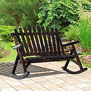 Outsunny Double Wooden Porch Rocking Bench, Adirondack Porch Rocker Chair, Heavy Duty Loveseat for 2 Persons with High Rise Slatted Seat & Backrest, Smooth Armrests, Carbonized