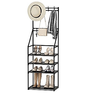 TIMEBAL Shoe Rack Coat Hat Rack, Stackable Shoe Storage Organizer, holds 8 Pair Shoes and Boots and hangs Coats & Hats, Durable Metal Pipes Shoe Shelf Organizer for Entryway, Hallway, Living Room