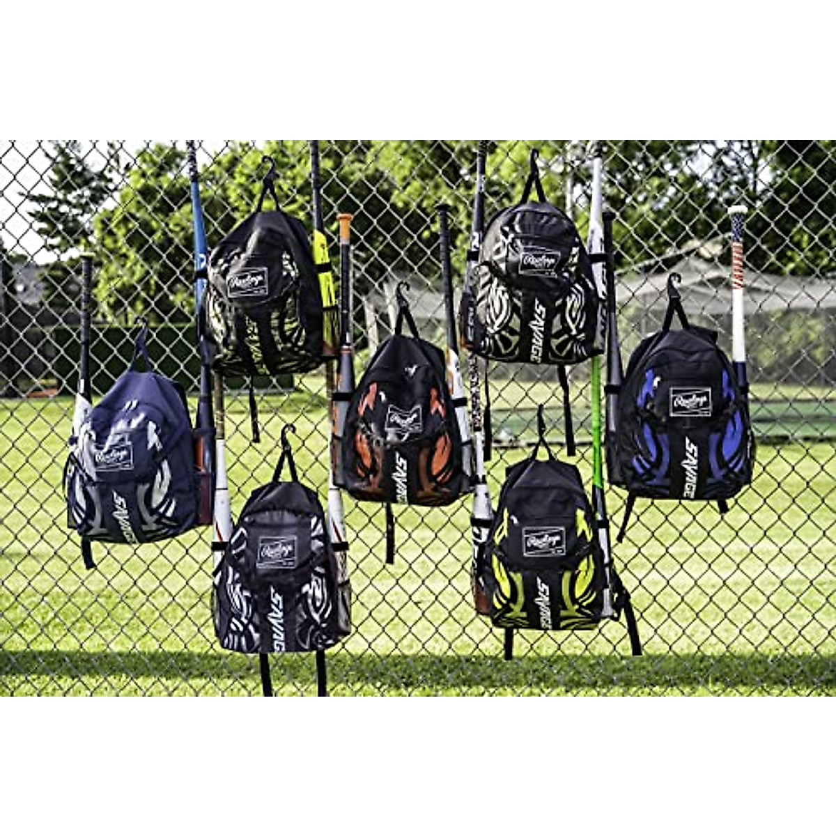 Rawlings Savage Youth Baseball Bag - Kids Bat Bag – Durable Baseball Backpack – Holds Two Bats – Includes Hook to Hang on Fence - Black/Royal