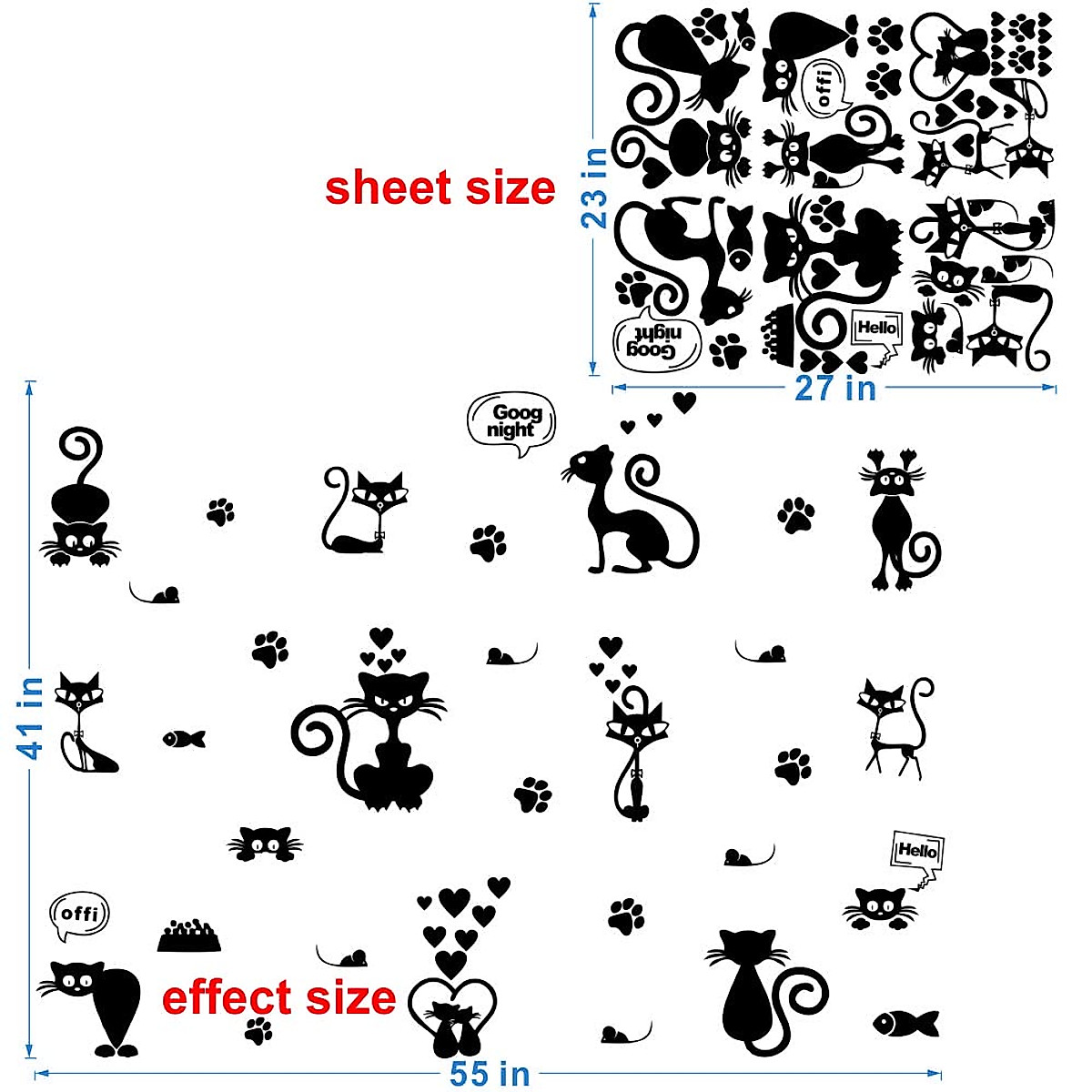 ANFRJJI Removable PVC Wall Sticker - Lovely Cat Light Switch Decal with Cartoon Animal Mural - Effect 41"x55"inch - Cute and Fun Home Decor for Kids and Cat Lovers (Black-JWH210-Cat)