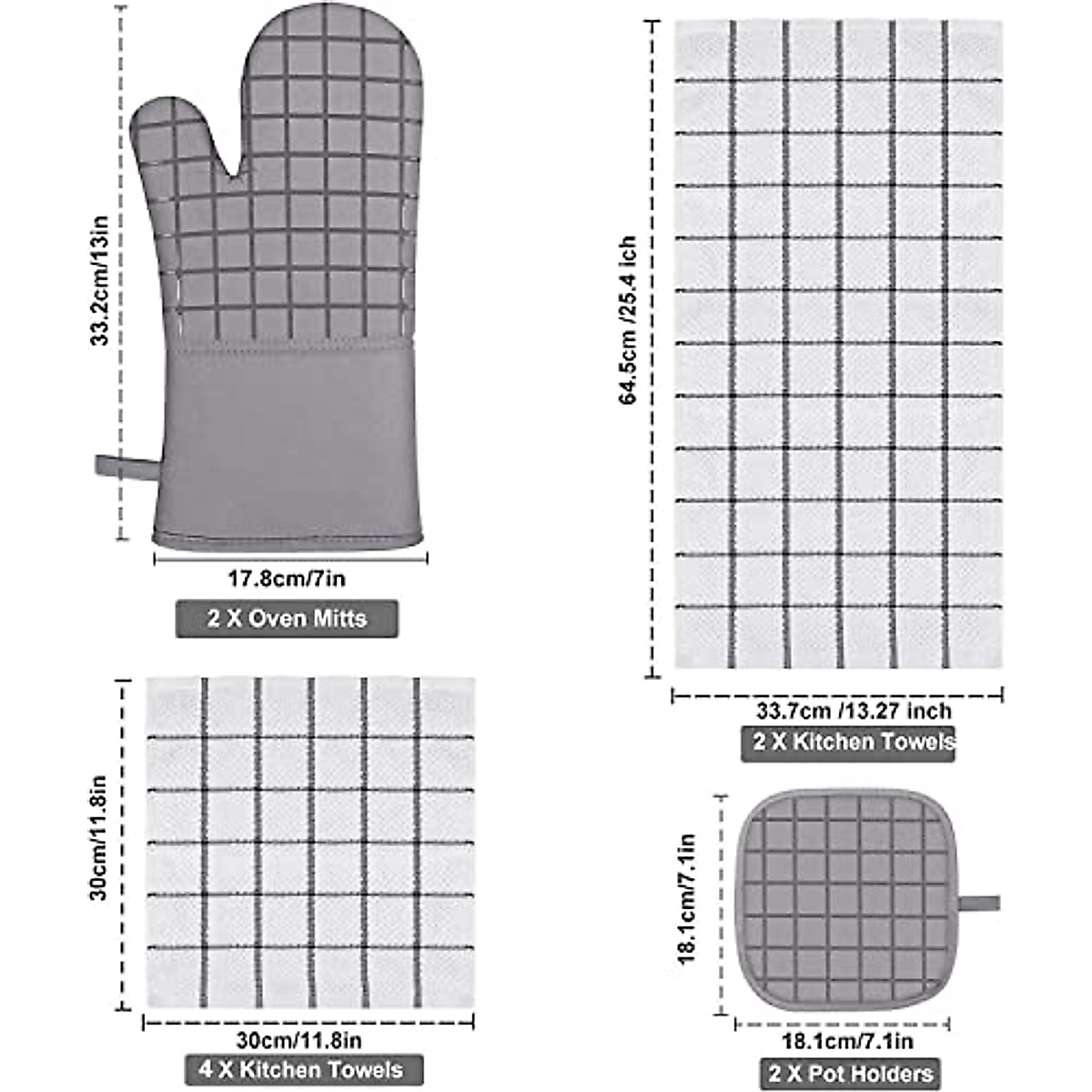 Oven Mitts and Kitchen Towels and Dishcloths Sets, 500 Degree Heat Resistant Kitchen Mitts and Pot Holders, Kitchen Washcloth Towel Set, Pure Cotton Kitchen Hand Towels Sets Hanging Loop 10PCS Gray