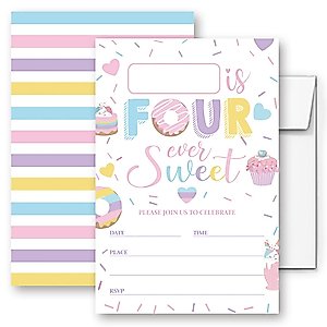 LoaHak Four Ever Sweet Birthday Invitation, Donut Invitation, Donut party favors for kids, birthday party invitations. (011)