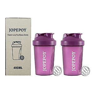 JOPEPOY 2PCS 400 ML Classic Loop Top Shaker Bottle,Protein Shaker Cup with Stirring Ball,Multi-Function water bottle for sports and outdoor (400ML (16 oz), Purple)