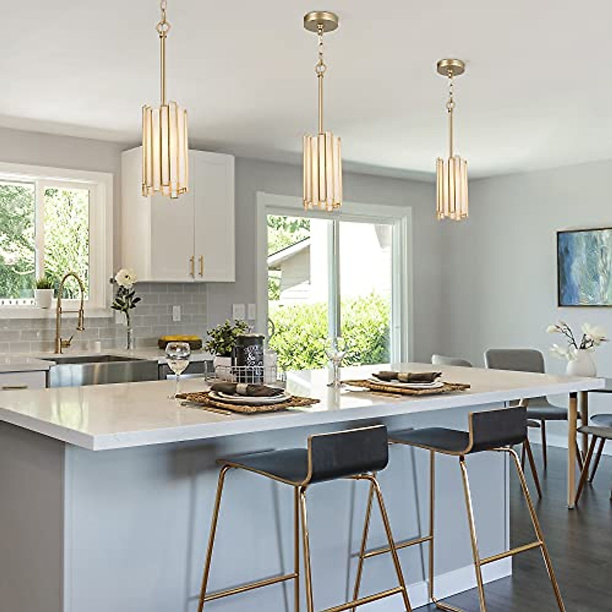 Optimant Lighting Gold Pendant Lighting, Modern Tiffany Glass Cylinder Hanging Light Fixture for Kitchen Island, Hallway, Foyer, Bedroom and Dining Room