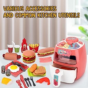 Toy Air Fryer Kids Play Kitchen with Hamburger Fries Cola Fried Chicken Cookware, Kitchen Playset Toy Play Kitchen Accessories for 3 -5,4-8 Year Old Boys Girls Toddlers