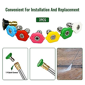 7 Pcs 7 Color Pressure Washer Spray Nozzle Tips 1/4 Inch Quick Connector Multiple Spray Degrees for Long Range Nozzle, Power Washer, Rated Up to 4000 PSI