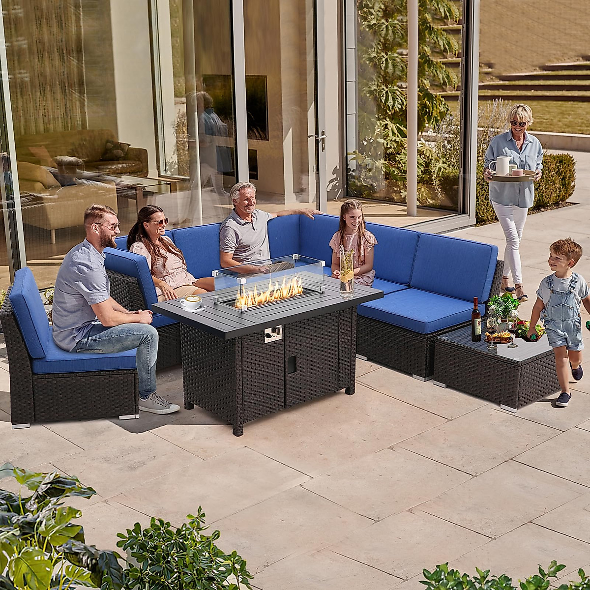 8 Pieces Outdoor Patio Furniture Set with 46" Propane Fire Pit Table, Brown PE Wicker Patio Furniture Sectional Sofa, 55,000 BTU Auto-Ignition Firepit w/Glass Wind Guard