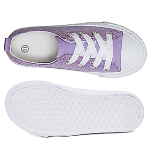 Toandon Girls Kids Sneakers Glitter Sequins Canvas Shoes Toddler Child Glitter Sparkle Low Top Lace Up Non Slip Lightweight Walking Outdoor Purple Size 2