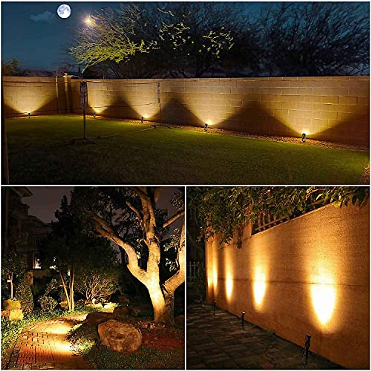 Outdoor Uplights, 12V LED Garden Spot Lights, IP66 Waterproof Landscape Lighting Outside Spotlights Warm White Cool White Timer Auto ON/Off Spiked Stand Yard Lawn House Tree Pathway Lamp, 6 in Set