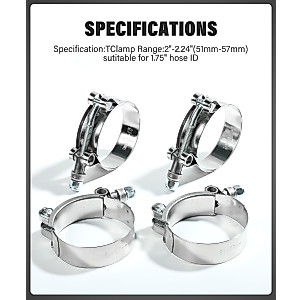ESEWALAS 4PCS 1.5" T-Bolt Hose Clamp,304 Stainless Intercooler Pipe Tube Clamps,Stainless Steel Turbo Intake Intercooler Hose Clamp,Adjustable Radiator Hose Clamps (4PCS, 1.75")