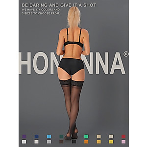 HONENNA Sheer Thigh High Stockings, 17+ Colors Stay Up Lace Top with Anti-Slip Silicone for Women, 1 Pair (Black, A)
