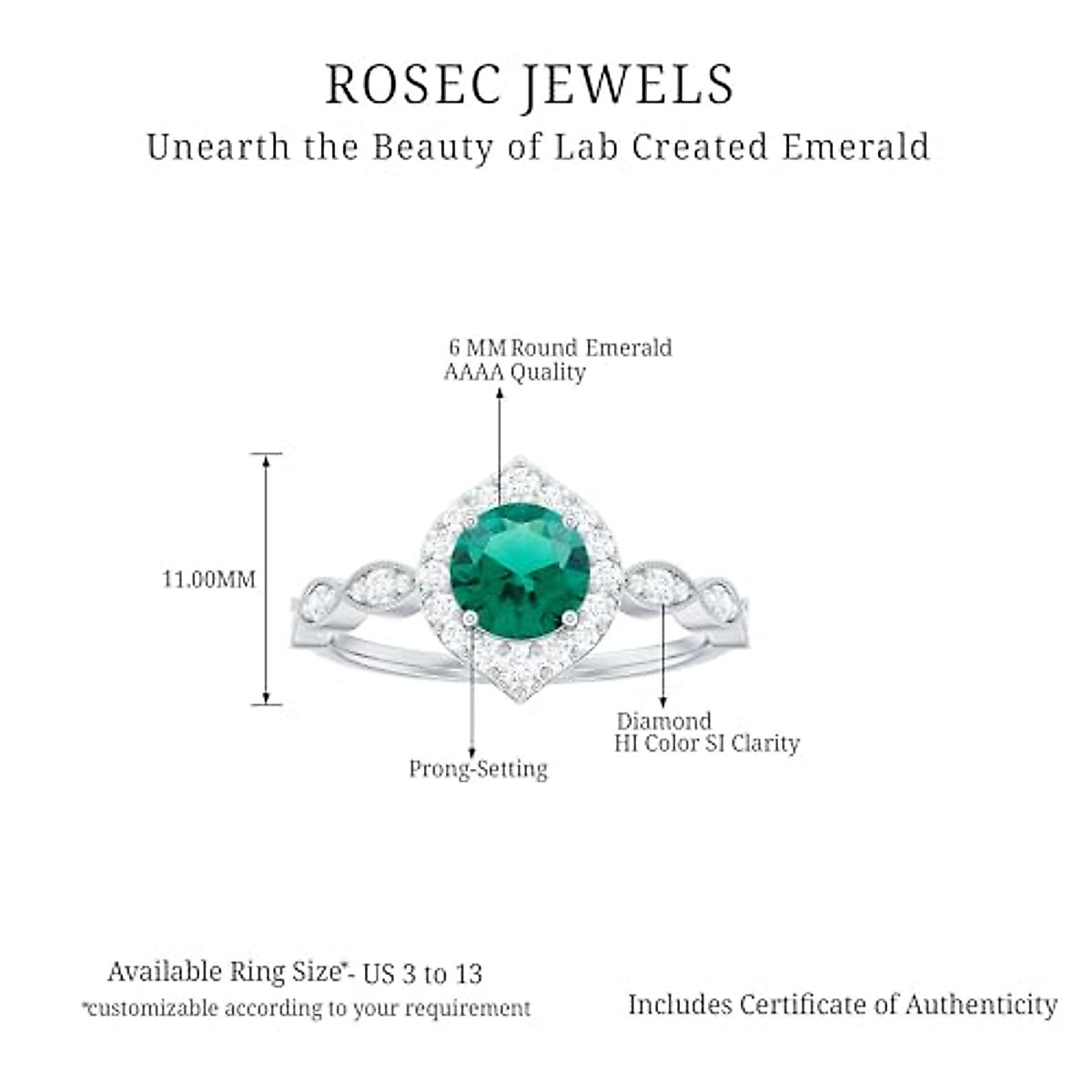 Lab Grown Emerald Diamond Engagement Ring, AAAA Quality, Certified 6 MM Round Emerald Halo Ring (With Jewelry Box), 14K Yellow Gold, Size:US 7.00