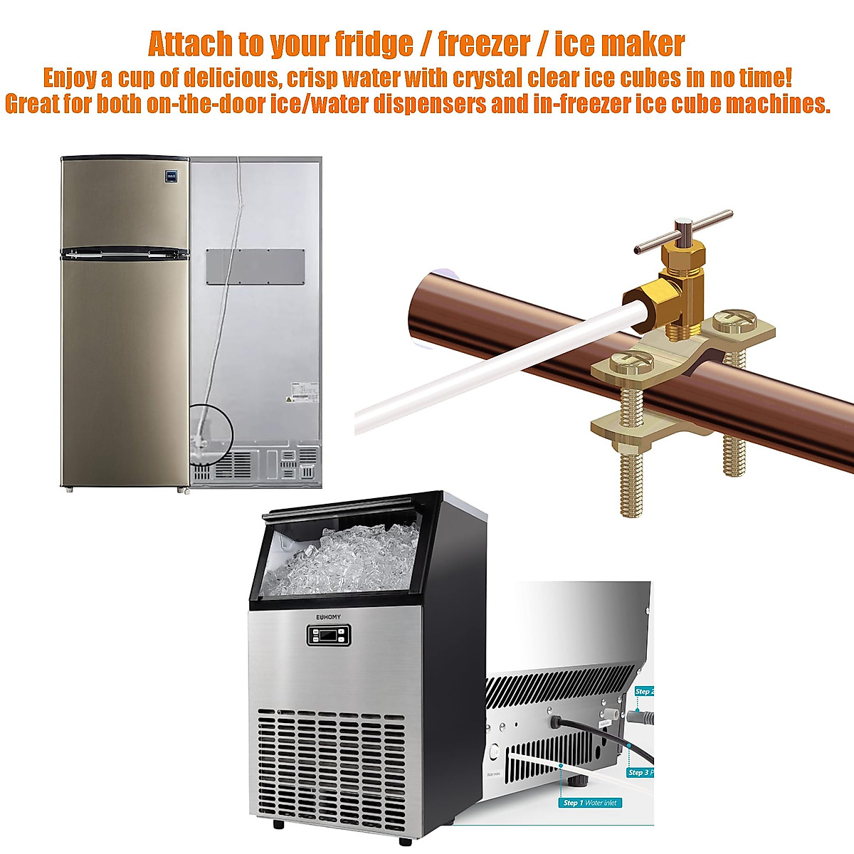 Refrigerator Water Line Kit, Ice Maker Supply Line, Fridge Water Line Kit, Includes 1/4”x25’ Poly Tube, Quick Connect Saddle Valve, Compression Fittings and Adapters