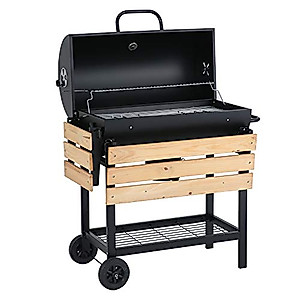 SUNCHIEF 613 Square Inches Heavy Duty Trolley Charcoal BBQ Grill Outdoor with Offset Smoker & Foldable Wooden Shelf
