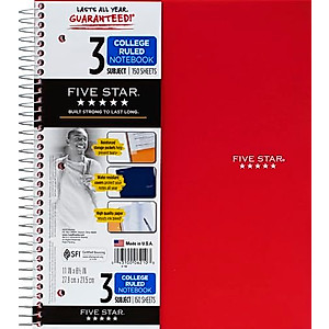 Five Star 06210 Wirebound 3-Subject Notebook, College Rule, 11 x 8 1/2, 150 Sheets, Assorted