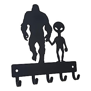 The Metal Peddler Alien & Bigfoot Sasquatch Key Holder with 5 Hooks - Small 6 inch Wide - Made in USA; Wall Mounted